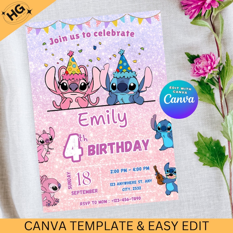 Editable Stitch Birthday Invitation Template, Canva Edit (digital ...