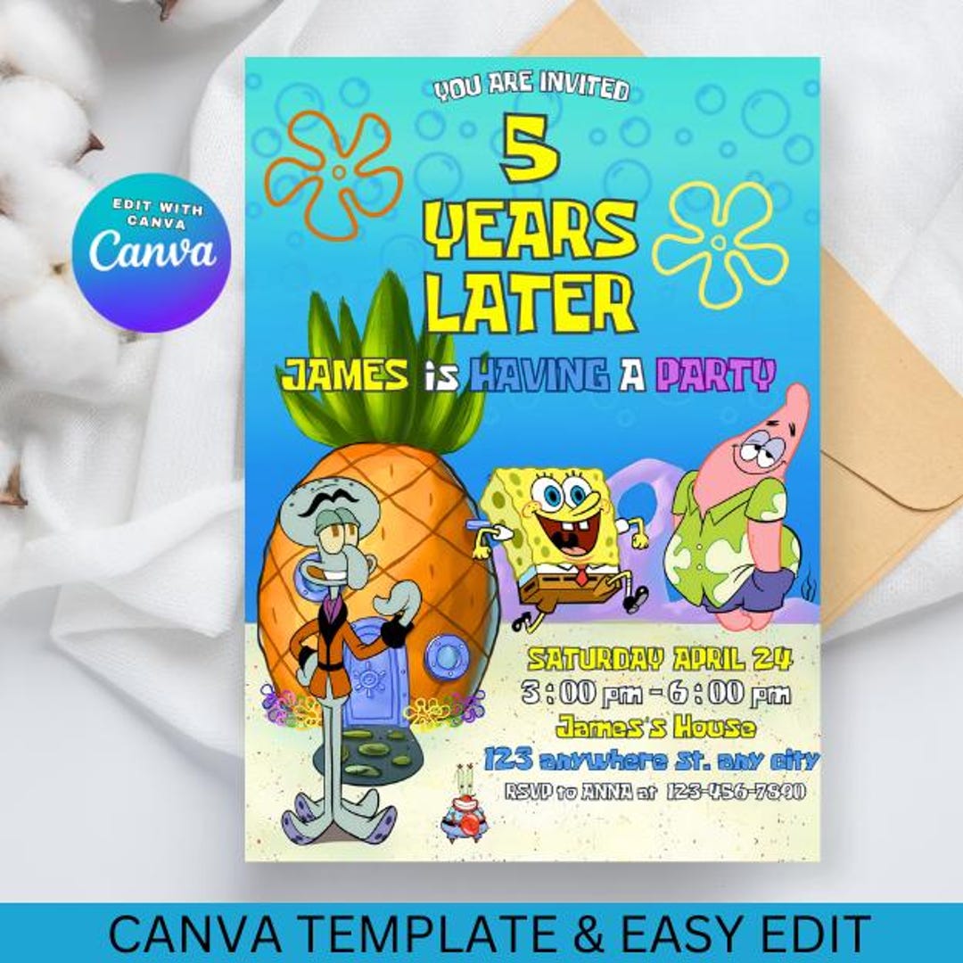 Editable Spongebob Birthday Invitation Digital Spongebob Party Invite ...
