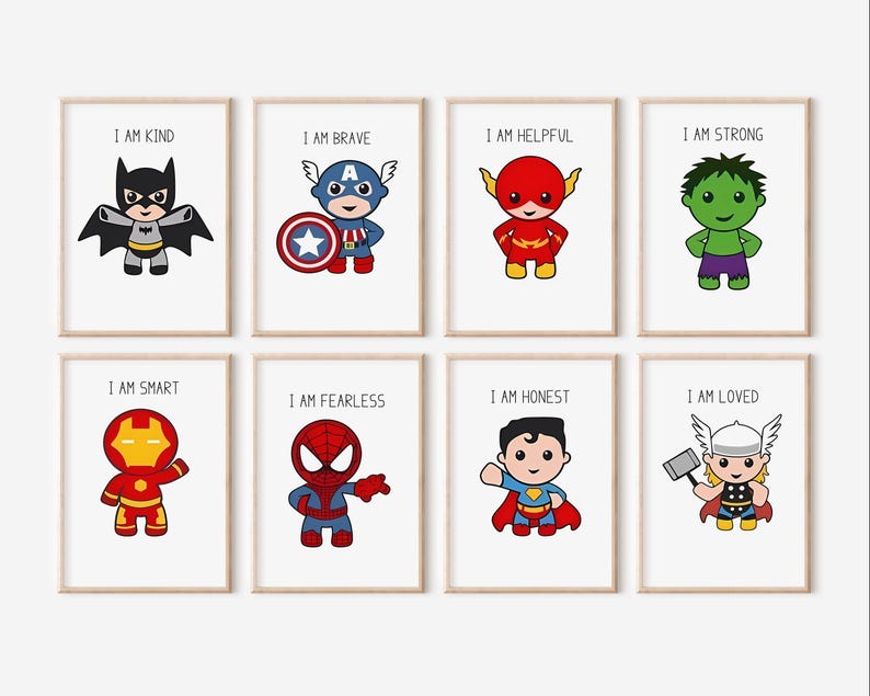 Set of 6 Prints Superheroes Affirmations Digital Posters, Boy Bedroom ...