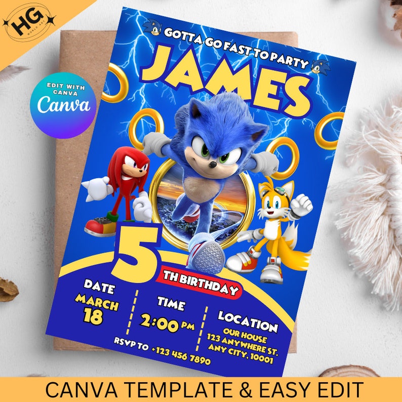 Sonic Birthday Invitation, Super Hedgehog Boys Party Invite, Super ...
