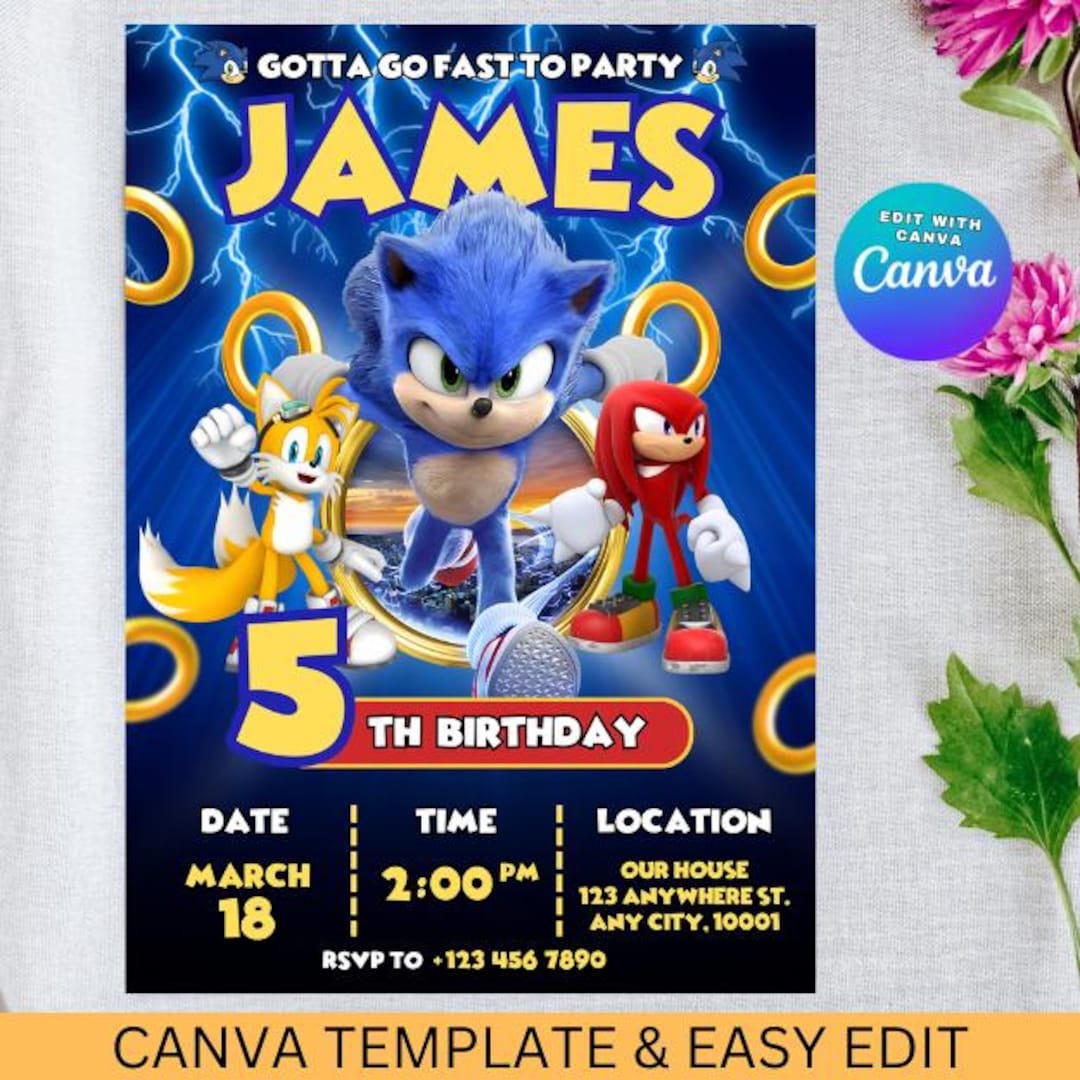 Sonic 2 Birthday Invitation, Super Hedgehog Boys Party Invite, Super ...