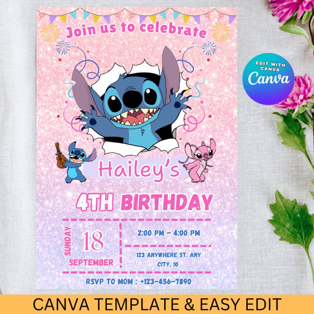 Stitch Editable Birthday Invitation Template, Printable Birthday Party ...