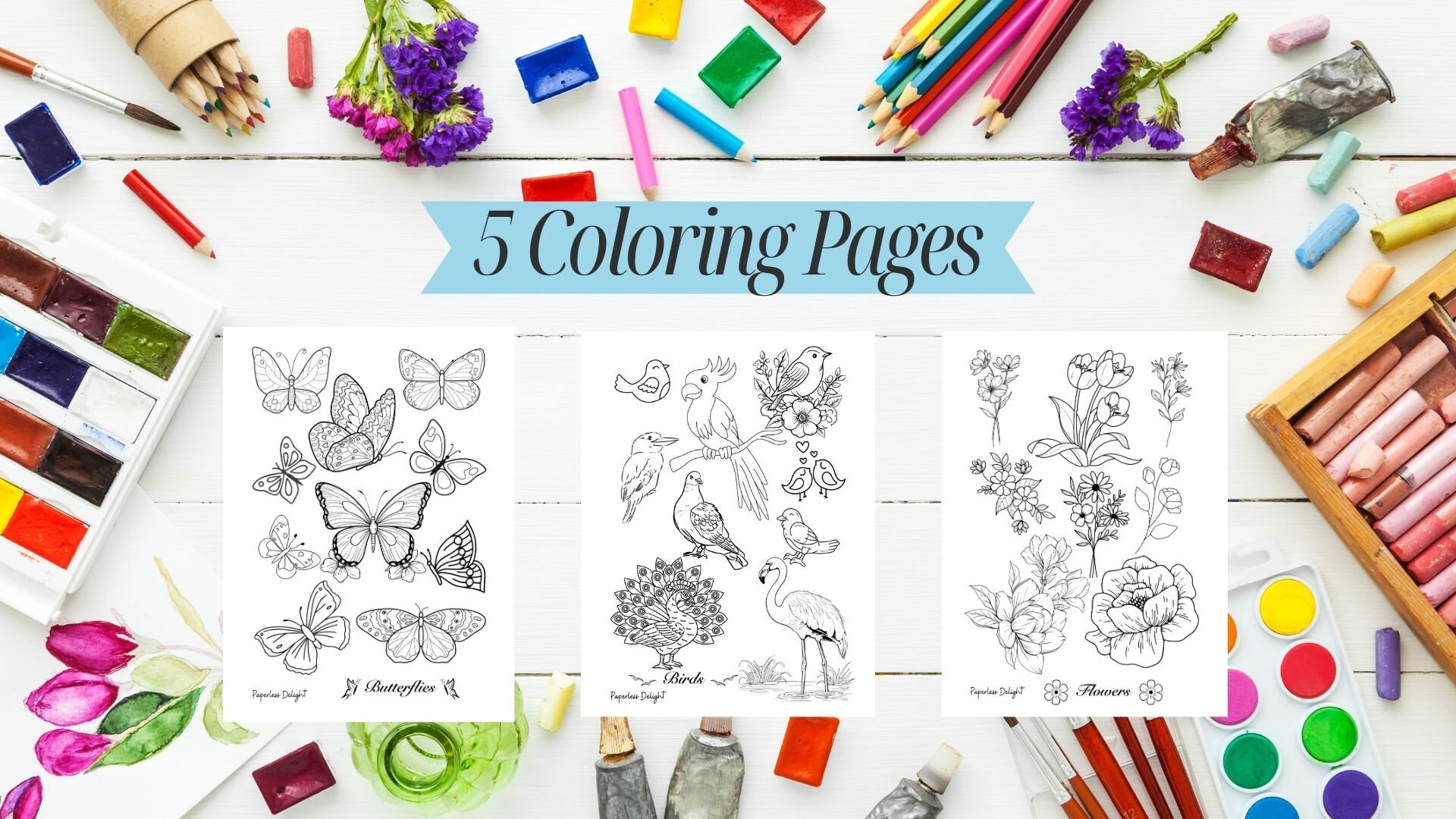 5 Printable Colouring Sheets, Instant Download, Animals, Birds, Nature ...
