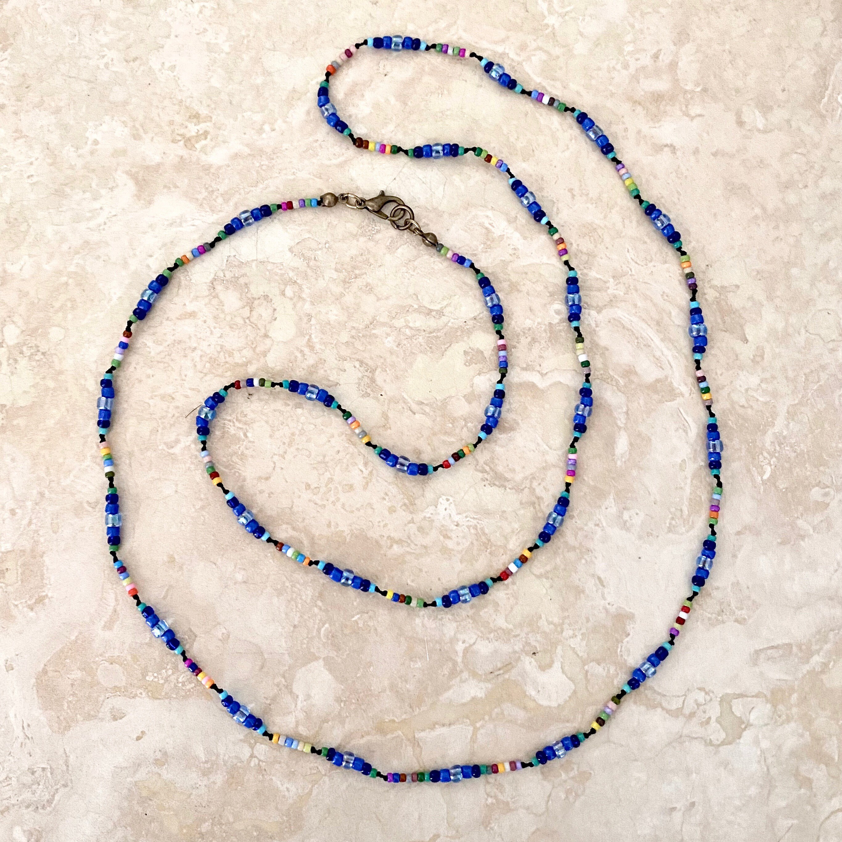 Hand-knotted Seed Bead Necklace: Long Hippie Style Blue Beaded 35 ...