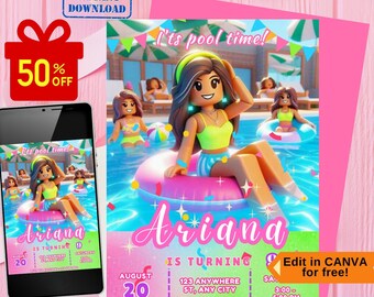 Roblox Pool Party Birthday Invitation Gamer Party Invite Roblox Girl ...