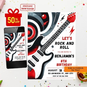 Rock and Roll Birthday Invitation Template, Editable Guitar Invite ...