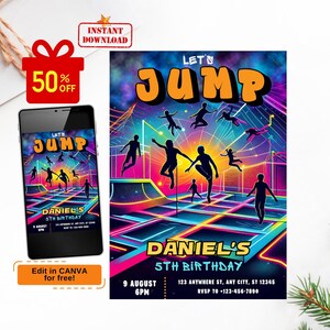 Trampoline Park Party Invite, Trampoline Birthday Invitation, Jump ...
