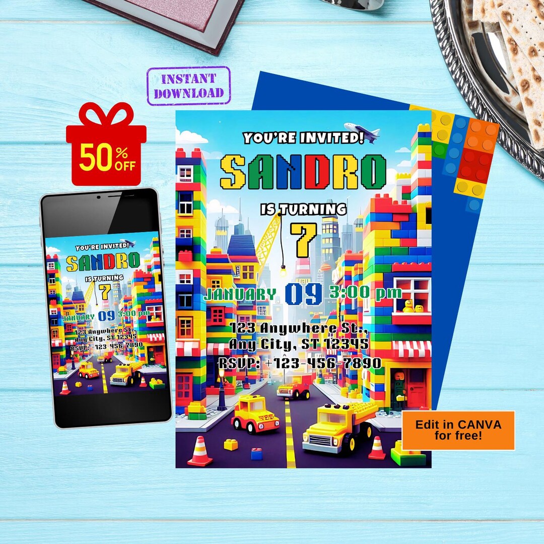 Building Blocks Birthday Invitation, Building Bricks Kids Birthday ...