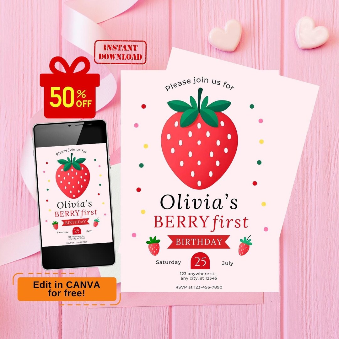 Berry First Birthday Invitation, Berry First Invitation, Strawberry ...