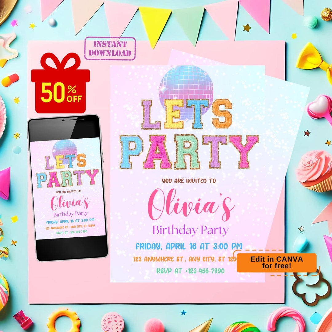 Patch Letters Birthday Party Invitation Template, Girl Birthday Party ...