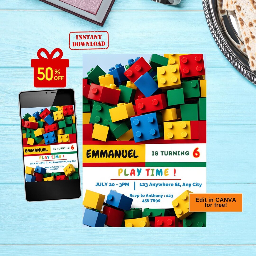 Building Block Birthday Invitation Printable Birthday Invite Party Kids ...