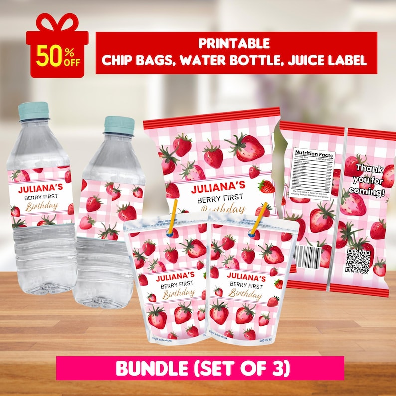 EDITABLE Strawberry Berry First Party Favors Bundle Set of 3. Printable ...