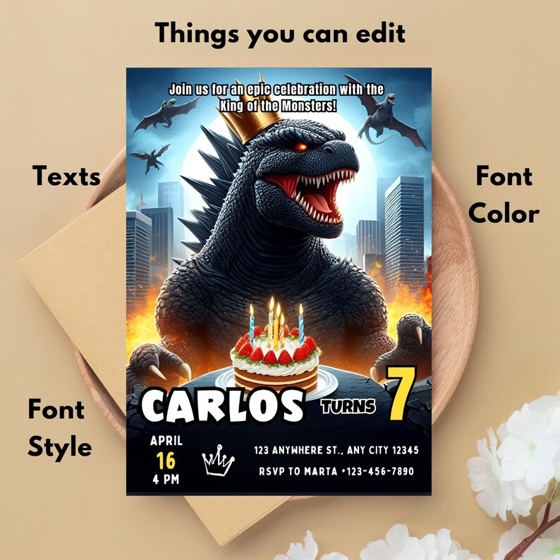 Godzilla Invitation, Godzilla Birthday Invitation, Godzilla Printable ...