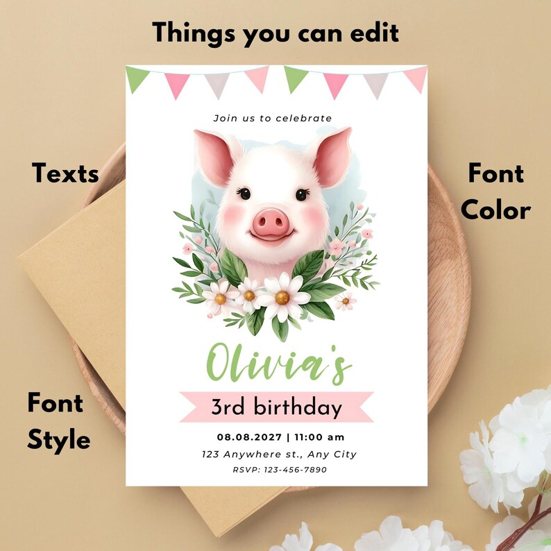 Pig Birthday Invitation, Pig Party Invitation, Pig Invitation, , Cute ...