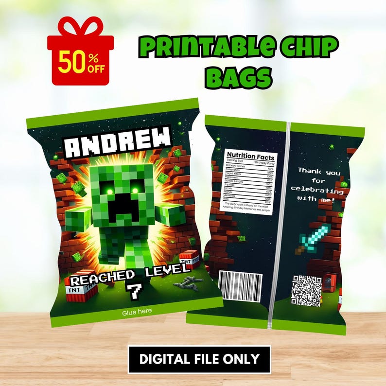 Minecrafter Chip Bag, Minecrafter Party Favors, Chip Bags Template ...