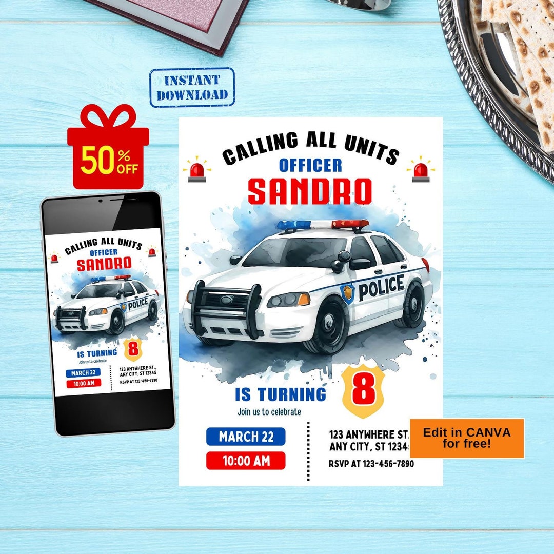 Police Birthday Invitation, Police Invitation, Cop Car Party Invitation ...