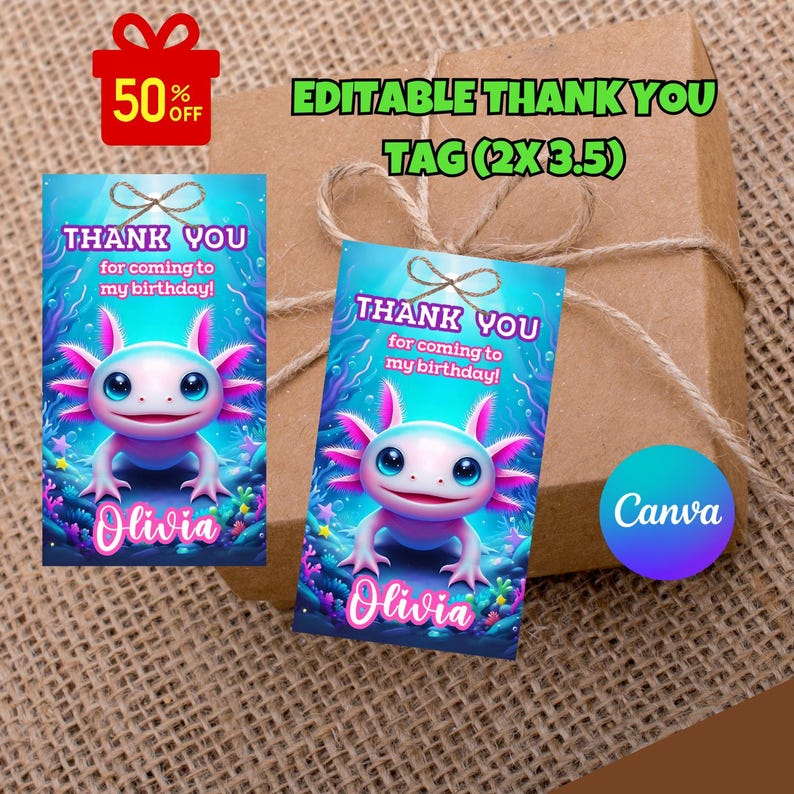 Editable Axolotl Thank You Tags, Pink Girl Axolotl, Axolotl Party ...