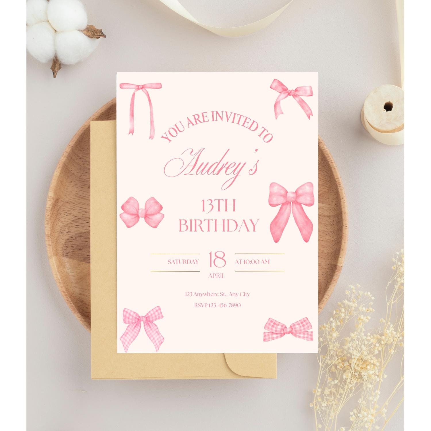 Pink Bow Birthday Invitation, Pink Bow Invitation, Coquette Bow ...