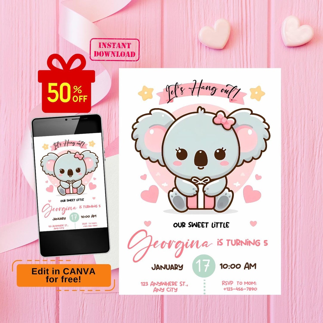 Koala Birthday Invitation, Koala Party Invite, Koala Invitation, Cute ...