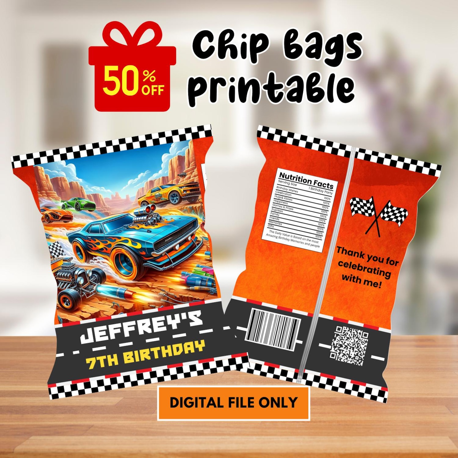 Printable Hot Race Car Chips Bag , Racing Car Snack Wrapper ,chip Bags ...