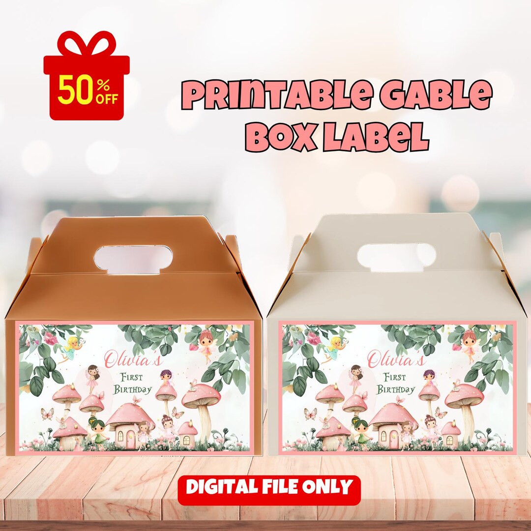 Editable Fairy Birthday Party Gable Box Label Enchanted Magical Floral ...