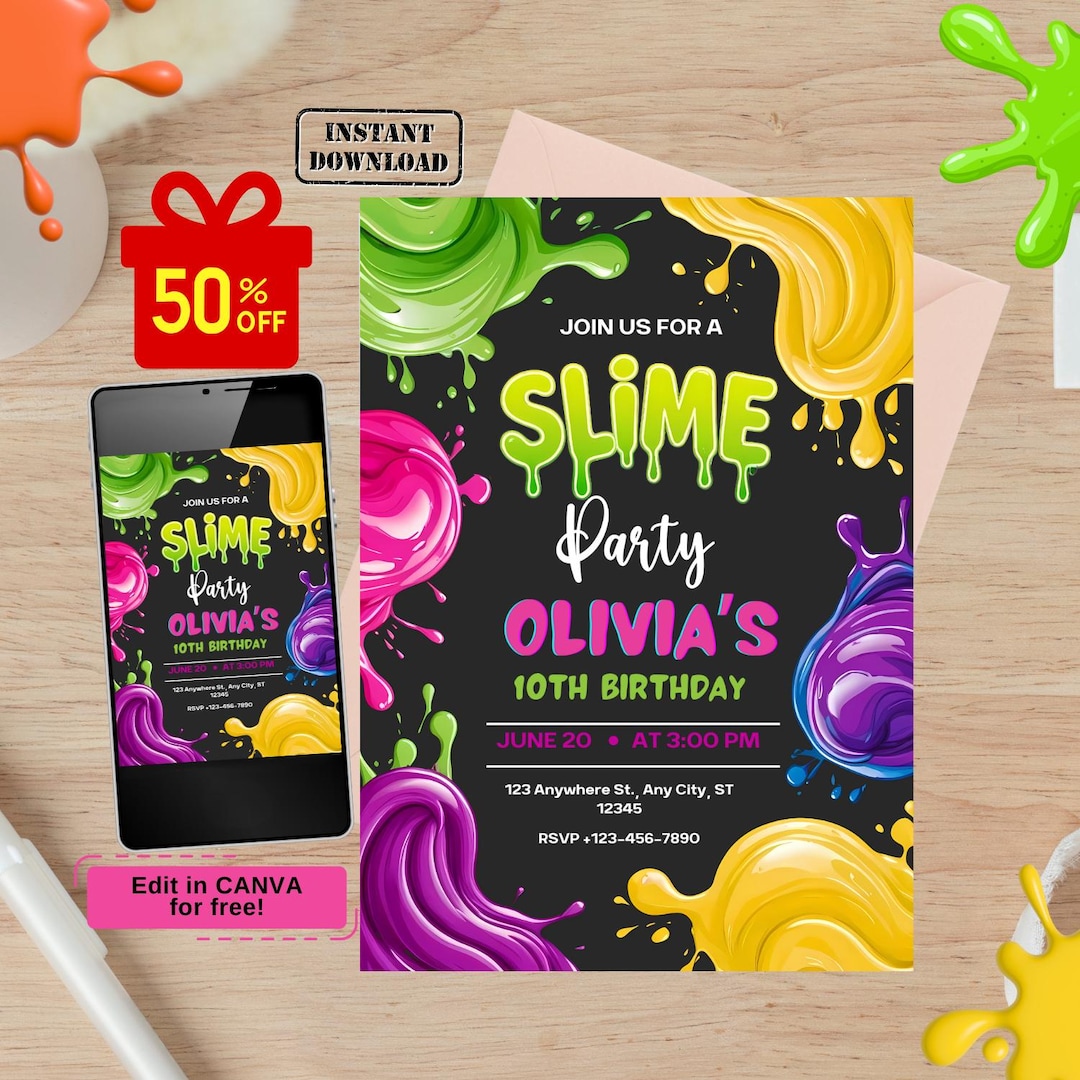 Editable Slime Birthday Invitation, Slime Birthday Party Invitation ...