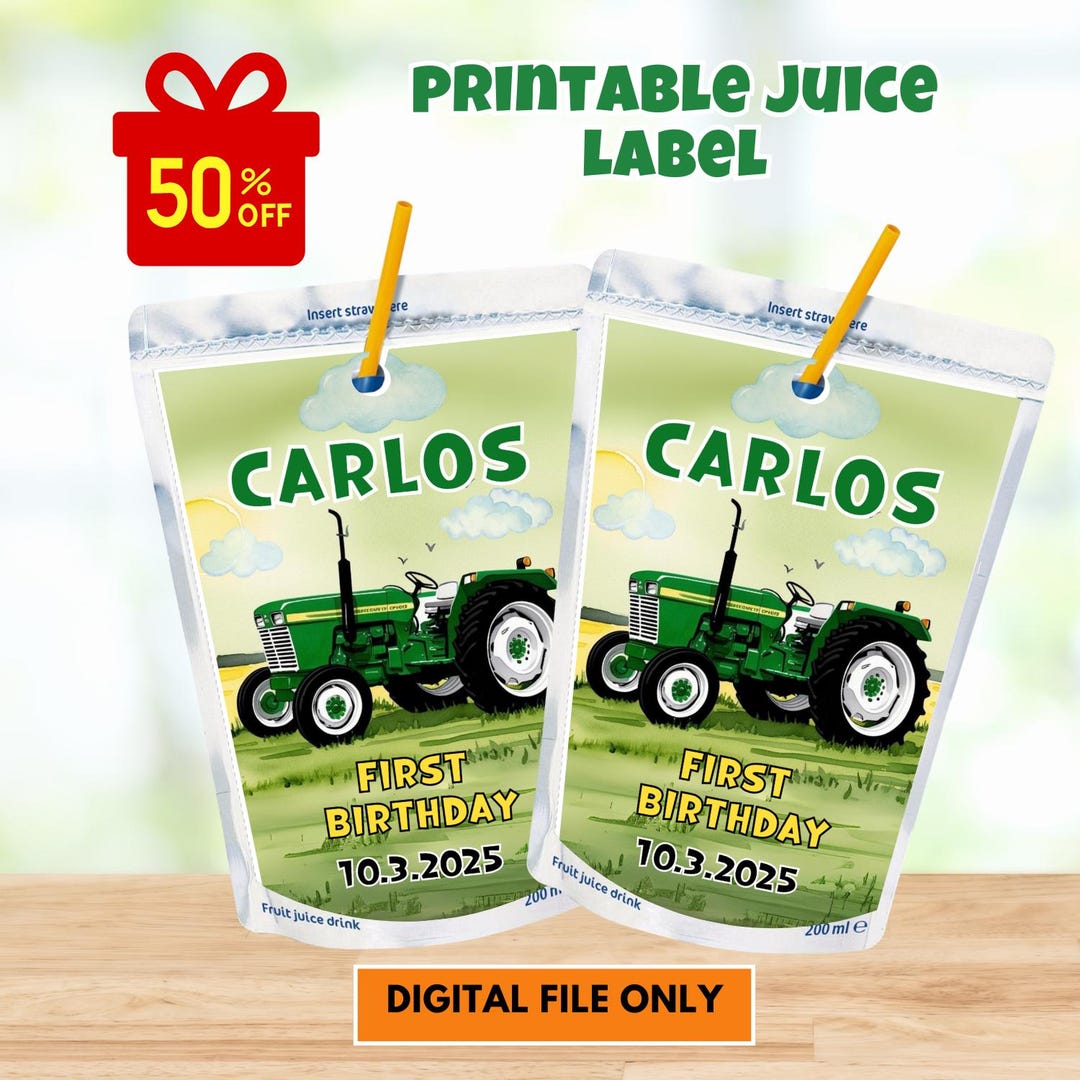 Editable Tractor Birthday Customizable Juice Pouch Labels Green Tractor ...