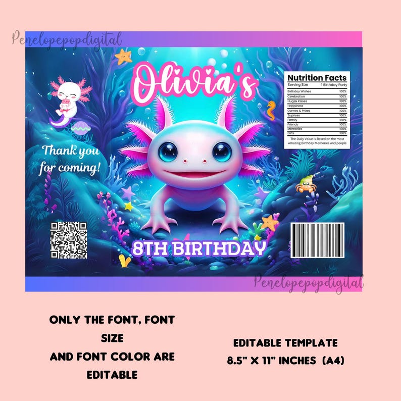 Editable Axolotl Birthday Party Bundle Printable, Axolotl Chip Bag ...