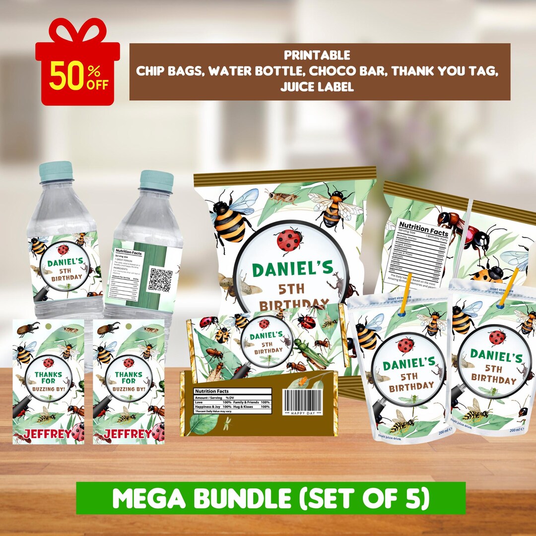 Editable Bugs Insects Party Bundle, Insects Bugs Chip Bag, Juice Label ...