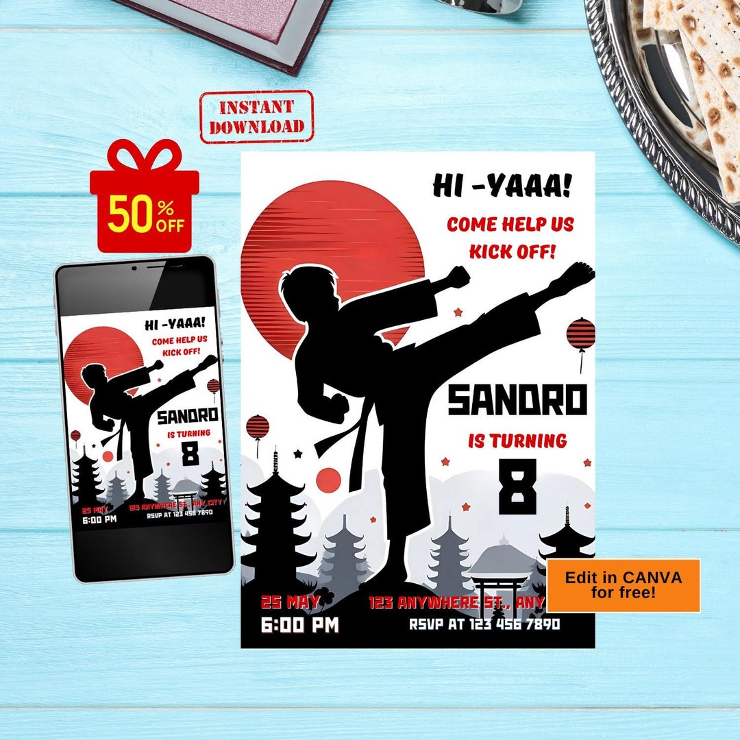 Karate Birthday Invitation, Taekwondo Party Invitation , Karate ...