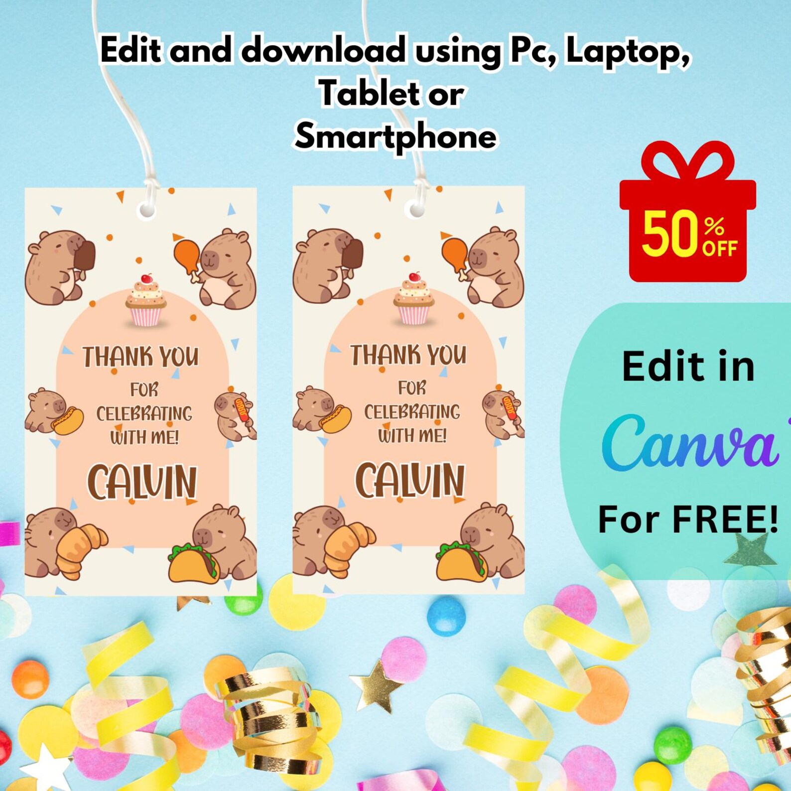 Editable Capybara Thank You Tag Template, Printable Capybara Favor Tag ...
