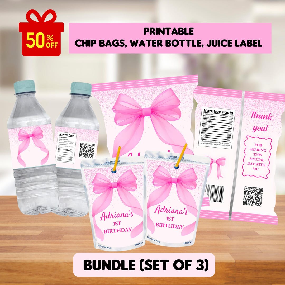 Pink Coquette Party Kit, Pink Bow Bundle Chip Bag, Water Bottle Juice ...