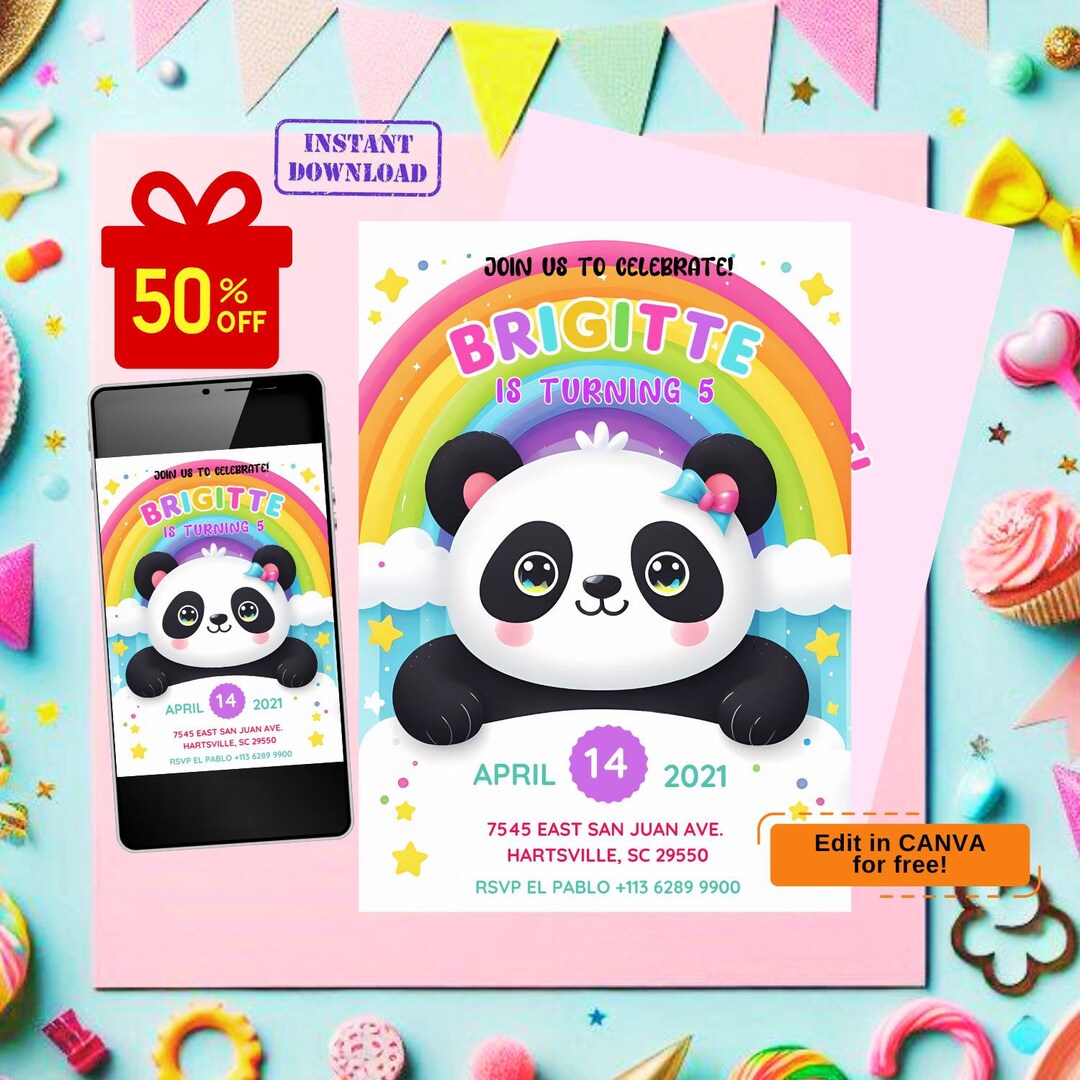 Panda Birthday Invitation, Panda Party Invitation, Girl Birthday Party ...