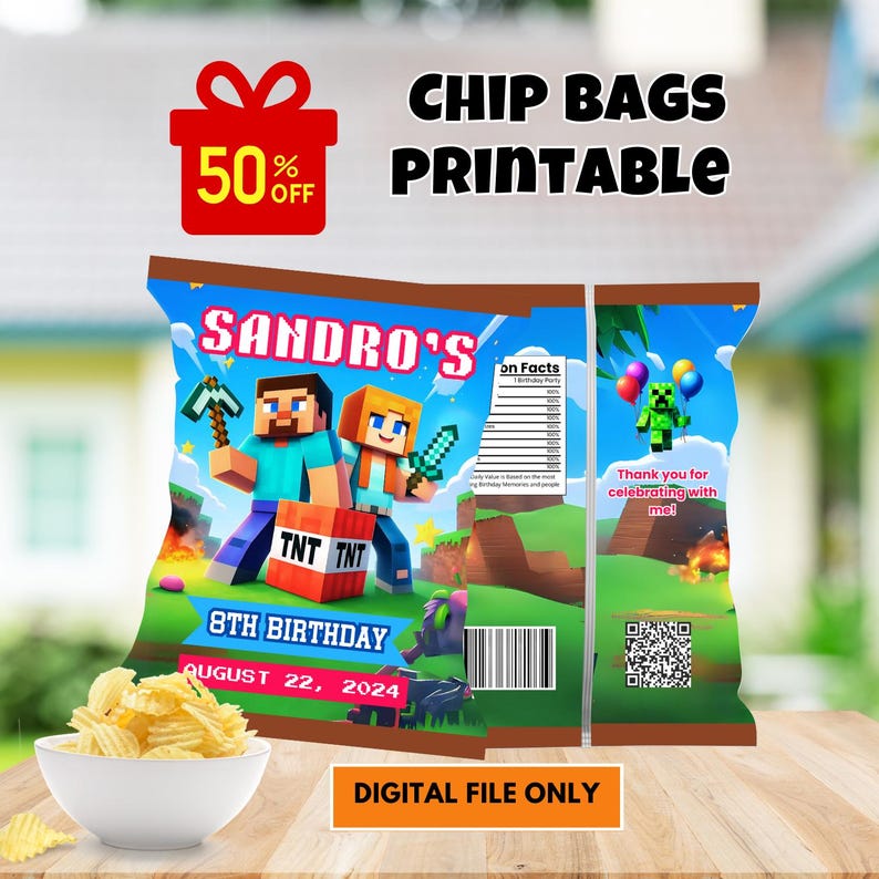 Editable Minecrafter Chip Bags Template, Chip Bags Template, Party ...