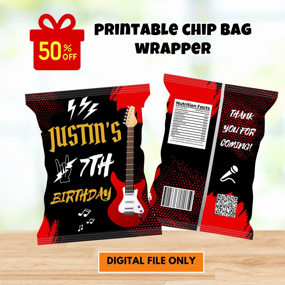 Editable Rock Star Birthday Party Chip Bag, Template Printable, Rock N ...