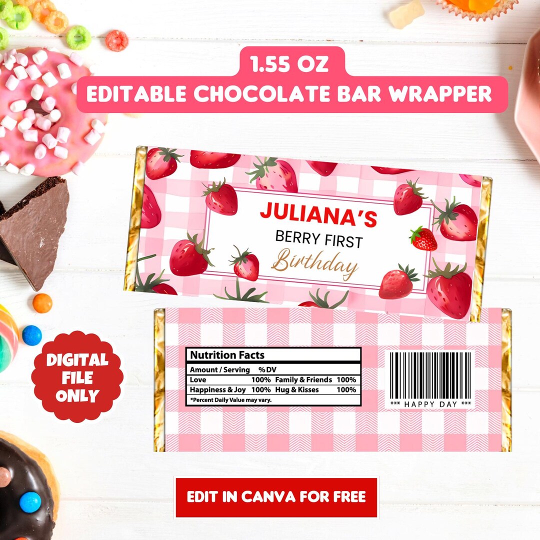 EDITABLE Strawberry Birthday Chocolate Wrapper, Girl First Birthday ...