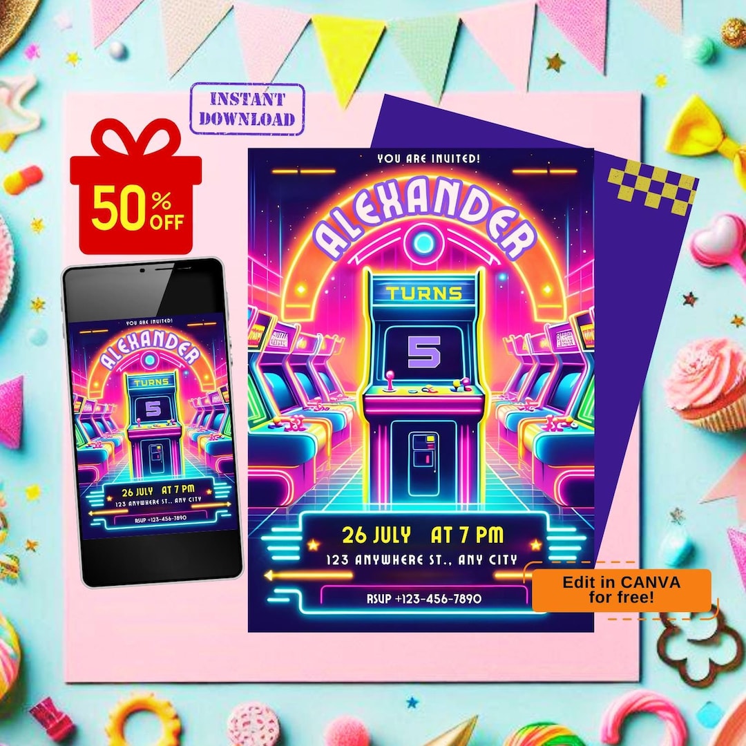 Arcade Birthday Invitation, Arcade Game on Birthday Party, Neon Arcade ...