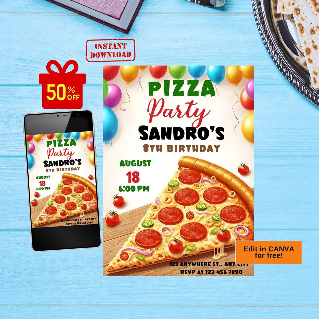 Pizza Birthday Invitation, Pizza Party Invite, Pizza Invitation, Snack ...