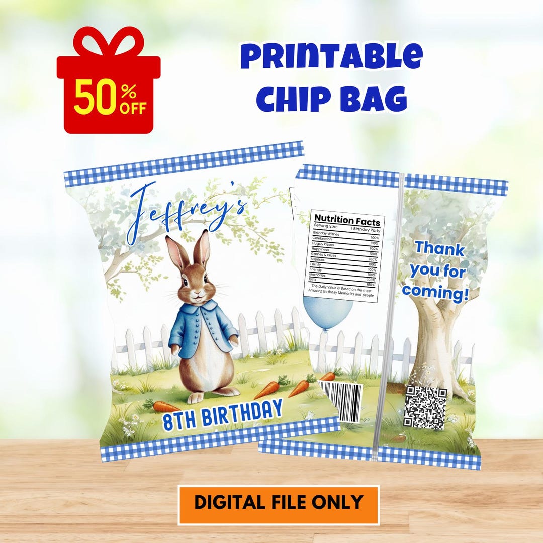 Rabbit Chip Bag Label Template, EDITABLE Chips Wrapper, Rustic Bunny ...