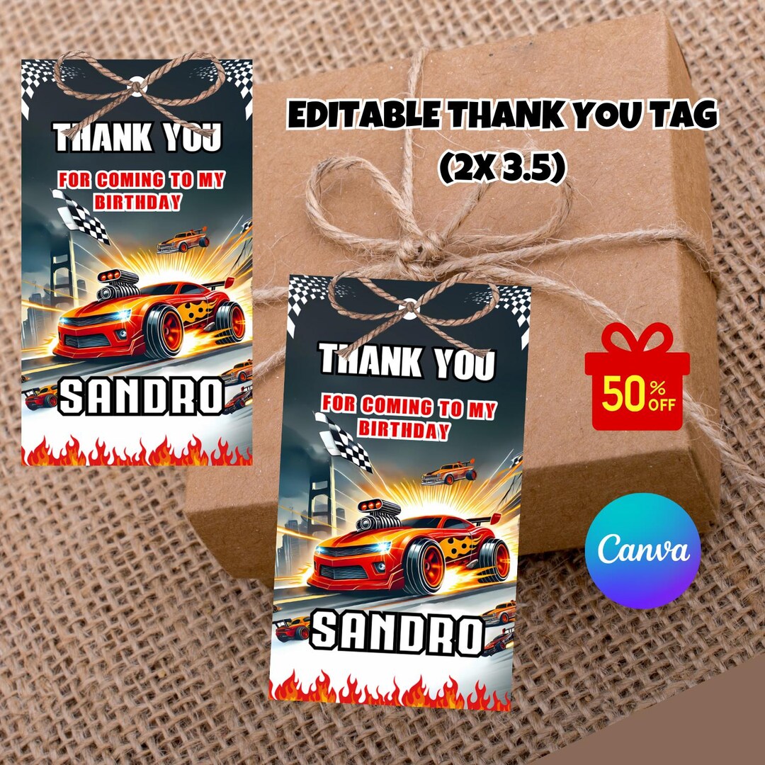 Editable Hot Cars Birthday Tag Racing Car Birthday Gift Tag Racing Car ...