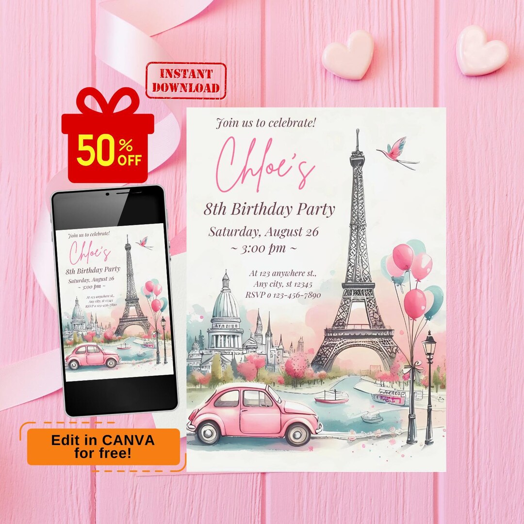 Paris Birthday Invitation, Paris Invitation, Paris Party Invitation ...