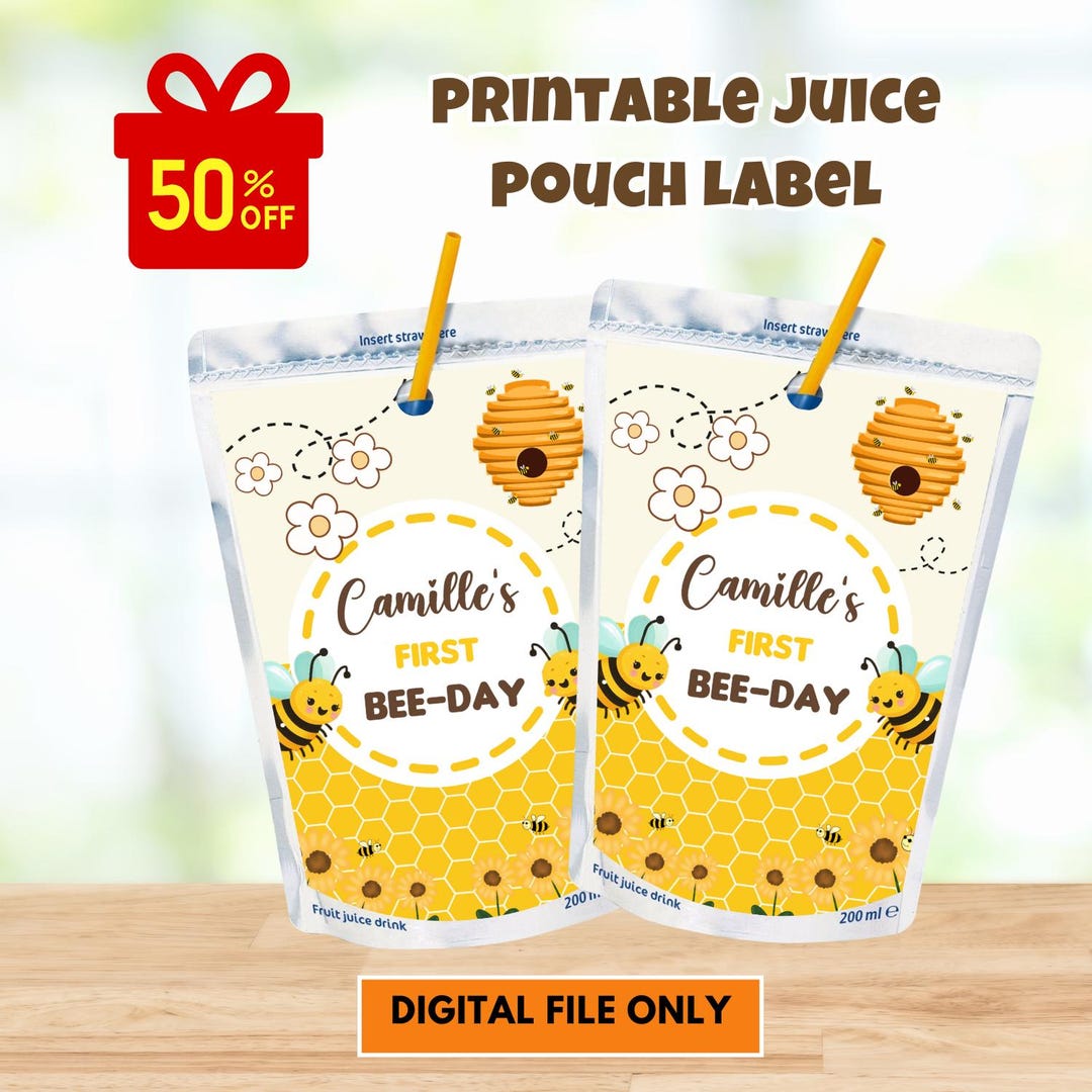 Bee Juice Bag Label, Juice Bags, Bee-day Juice Pouch, Yellow Bumble ...