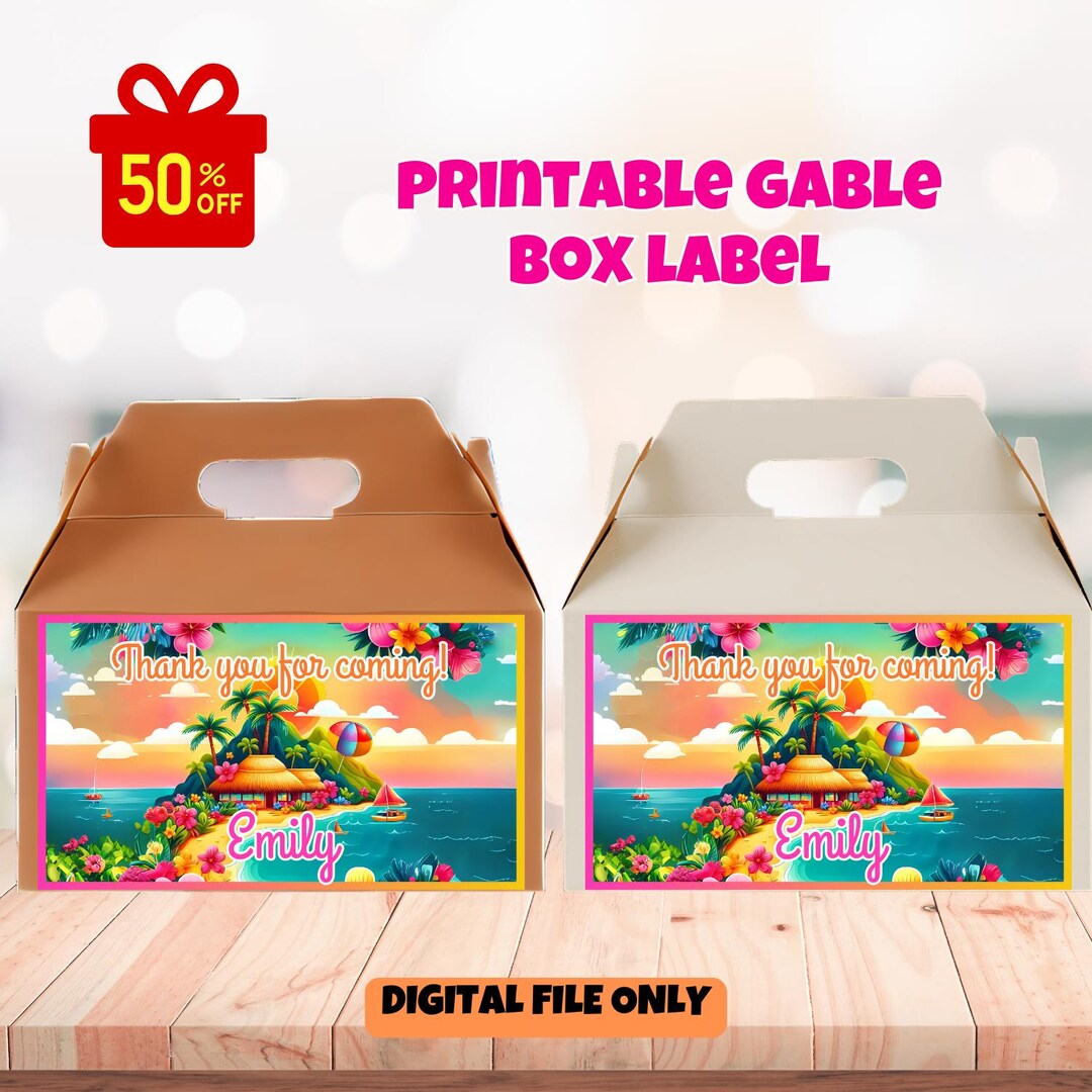 Editable Hawaiian Luau Birthday Party Gable Box, Favor Label Pineapple ...