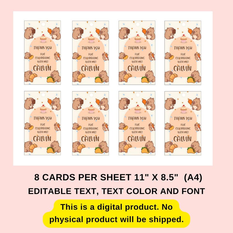 Editable Capybara Thank You Tag Template, Printable Capybara Favor Tag ...
