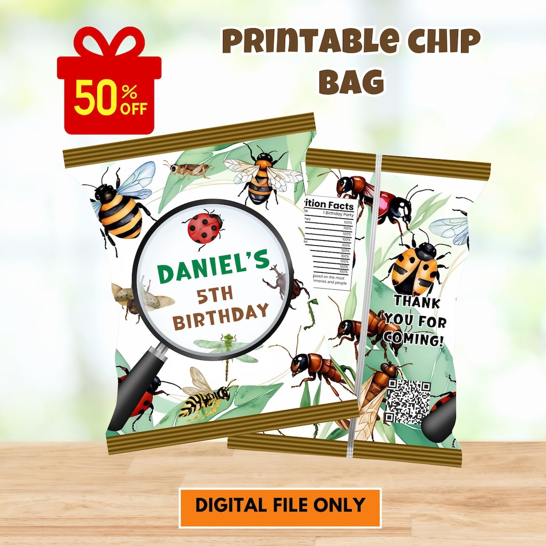 Editable Bug Insect Birthday Chip Bag Wrapper, Insect Birthday Party ...