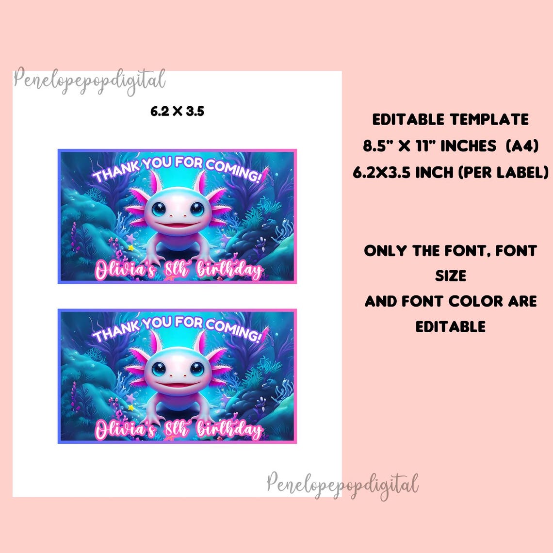 Axolotl Favor Box Label Printable Editable | Girls Axolotl Birthday ...