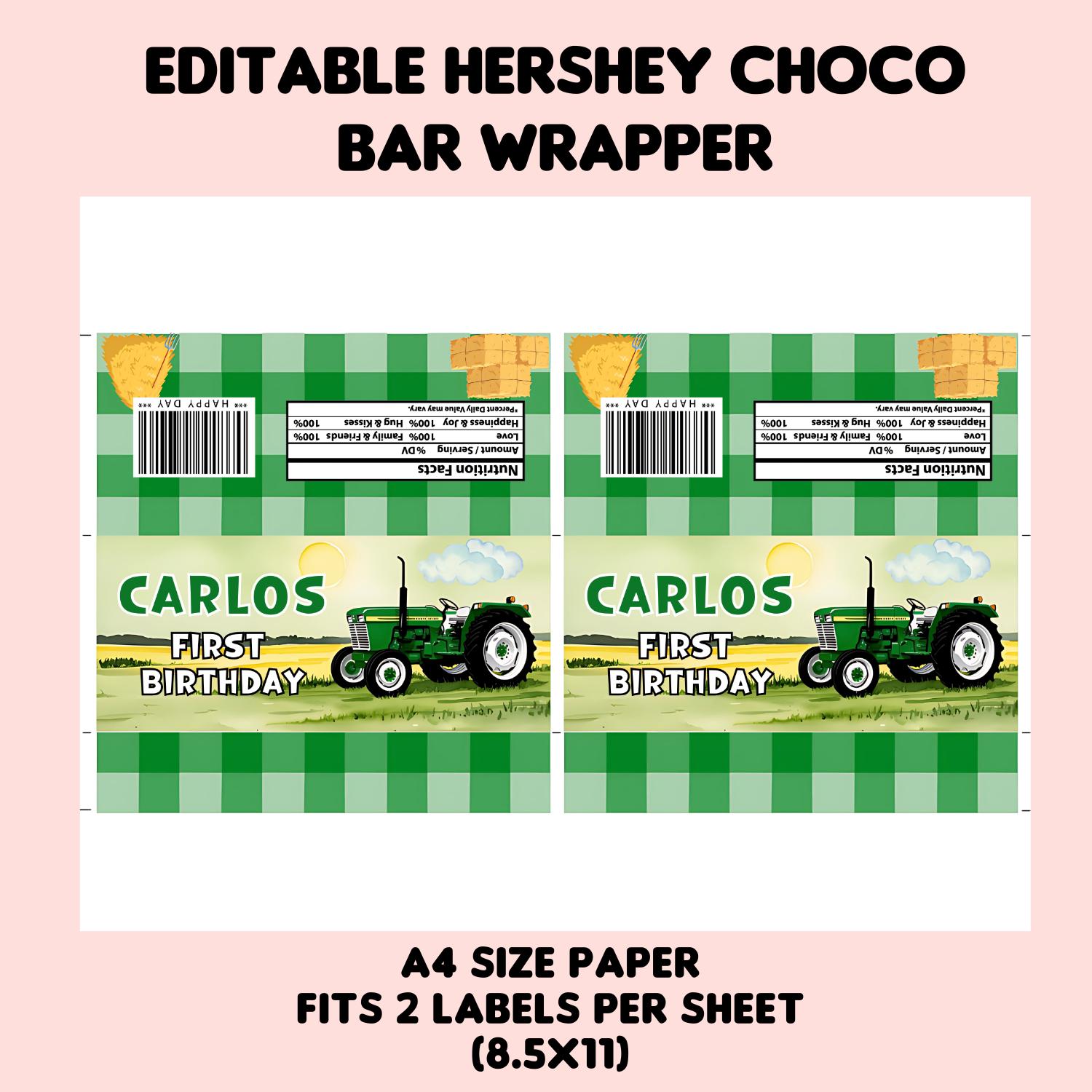 Editable Tractor Birthday Party Chocolate Wrapper, Farm 1st Birthday ...