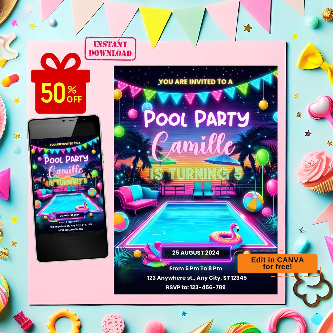 Neon Pool Party Birthday Invitation, Pool Party Invitation, Neon Pool ...