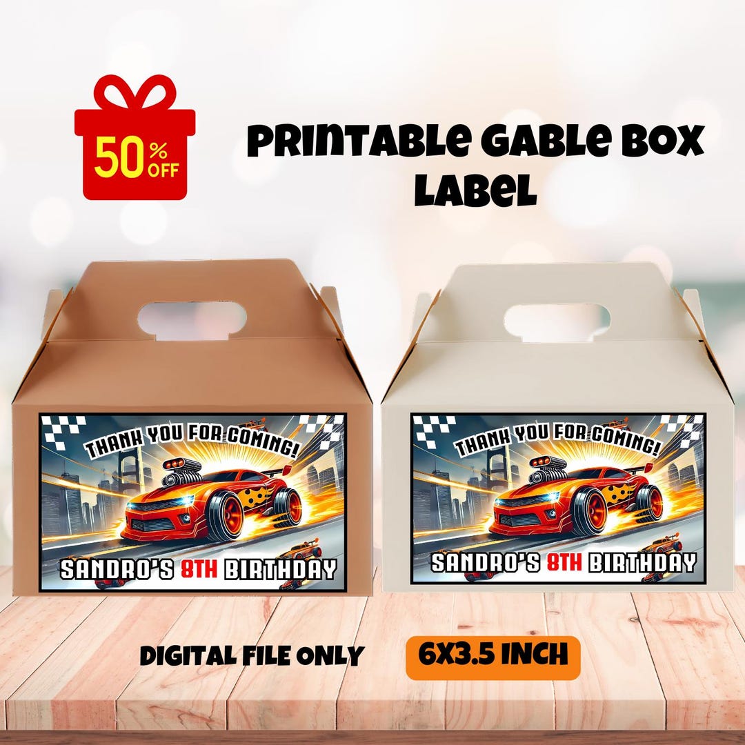 Race Cars Gable Box Label , Printable Hot Cars Gable Box Label, Party ...
