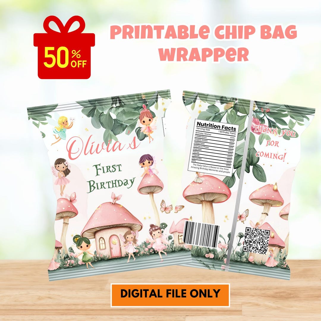 Editable Fairy Birthday Party Chip Bags Whimsical Enchanted One Magical ...